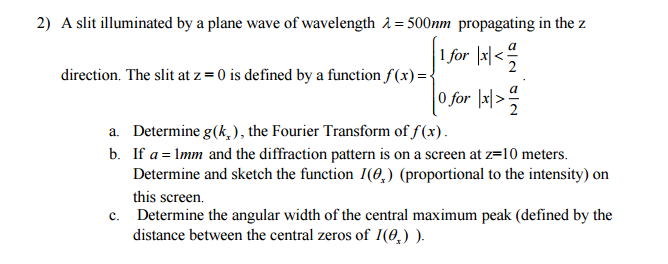 A slit illuminated by a plane wave of wavelength | Chegg.com