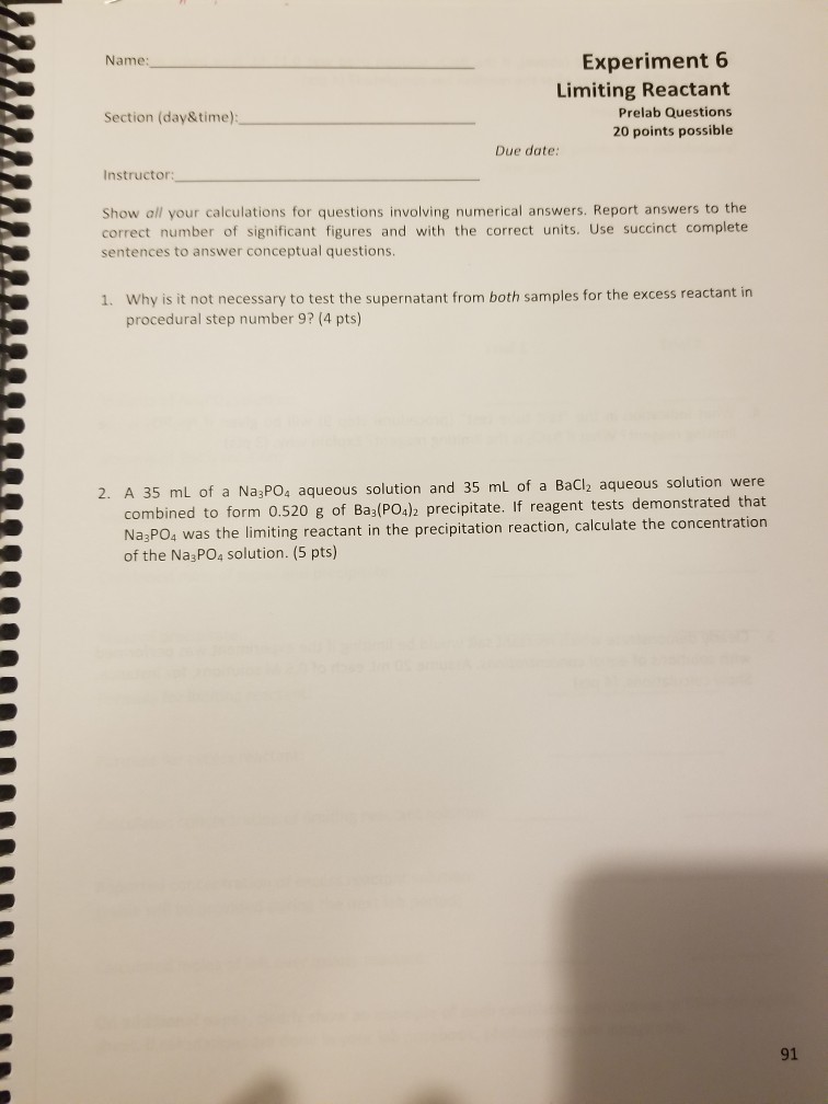 Experiment 6 Limiting Reactant Prelab Questions 20 | Chegg.com