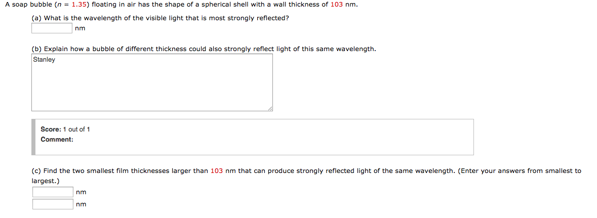 Solved A soap bubble (n = 1.35) floating in air has the | Chegg.com
