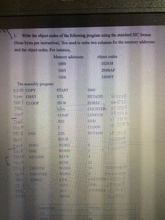 Solved 1. Wite the object codes of the following progam | Chegg.com