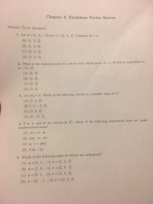 Solved Chapter 3: Euclidean Vector Spaces Multiple Choice | Chegg.com