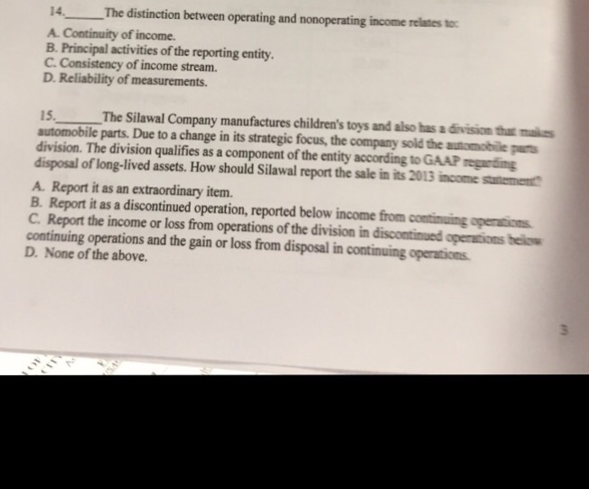 Solved The distinction between operating and non operating | Chegg.com
