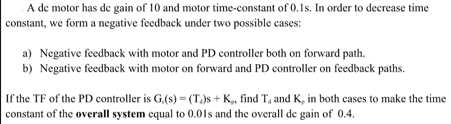 Solved A dc motor has dc gain of 10 and motor time-constant | Chegg.com