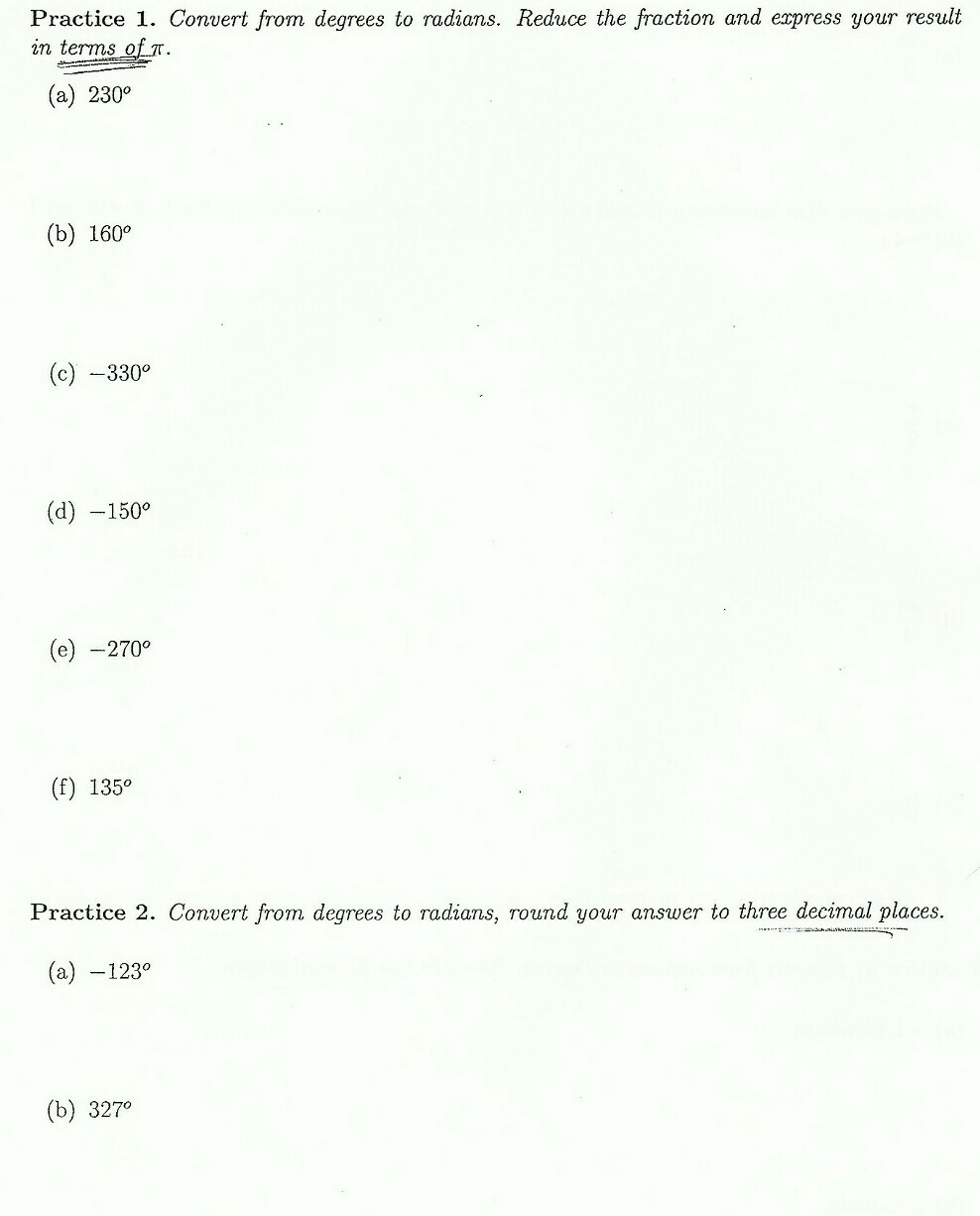 Solved Practice 1. Convert from degrees to radians. Reduce | Chegg.com