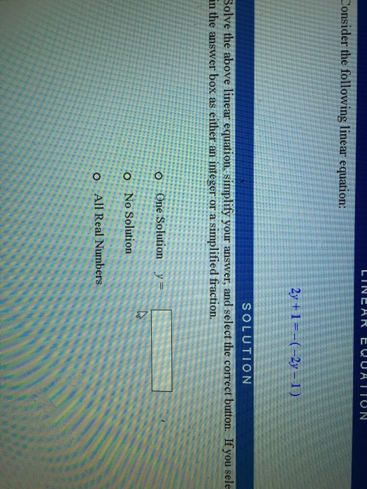 Solved Consider the following linear equation: 2y + 1 = | Chegg.com Solved Consider the following linear equation: 2y + 1 = | Chegg.com
