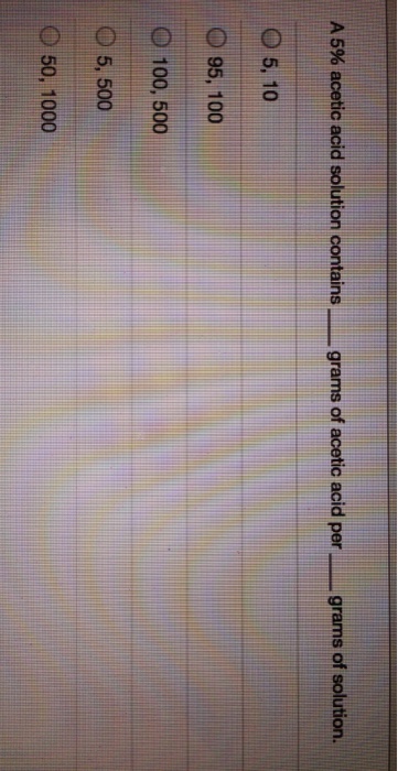 Solved A 5% acetic acid solution contains ____ grams of | Chegg.com