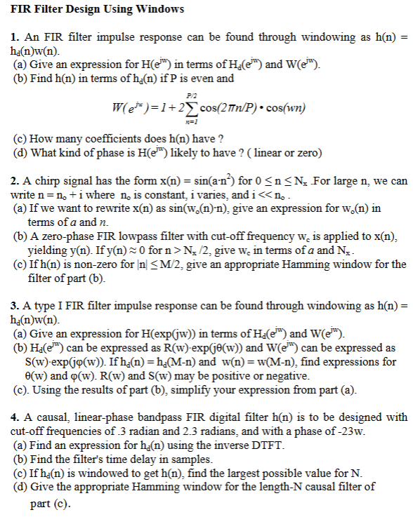 FIR Filter Design Using Windows 1. An FIR filter | Chegg.com