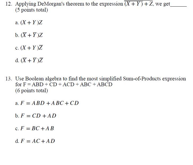 Solved 12. Applying DeMorgan's theorem to the expression (X | Chegg.com