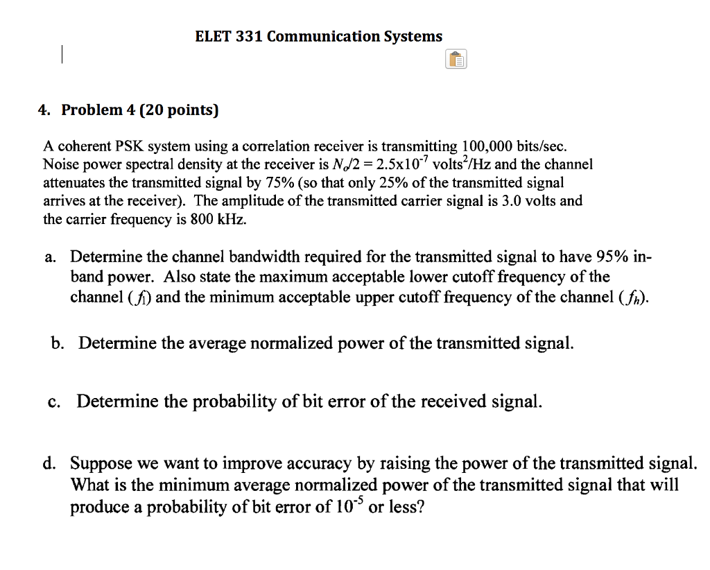 ELET 331 Communication Systems 4. Problem 4 (20 | Chegg.com