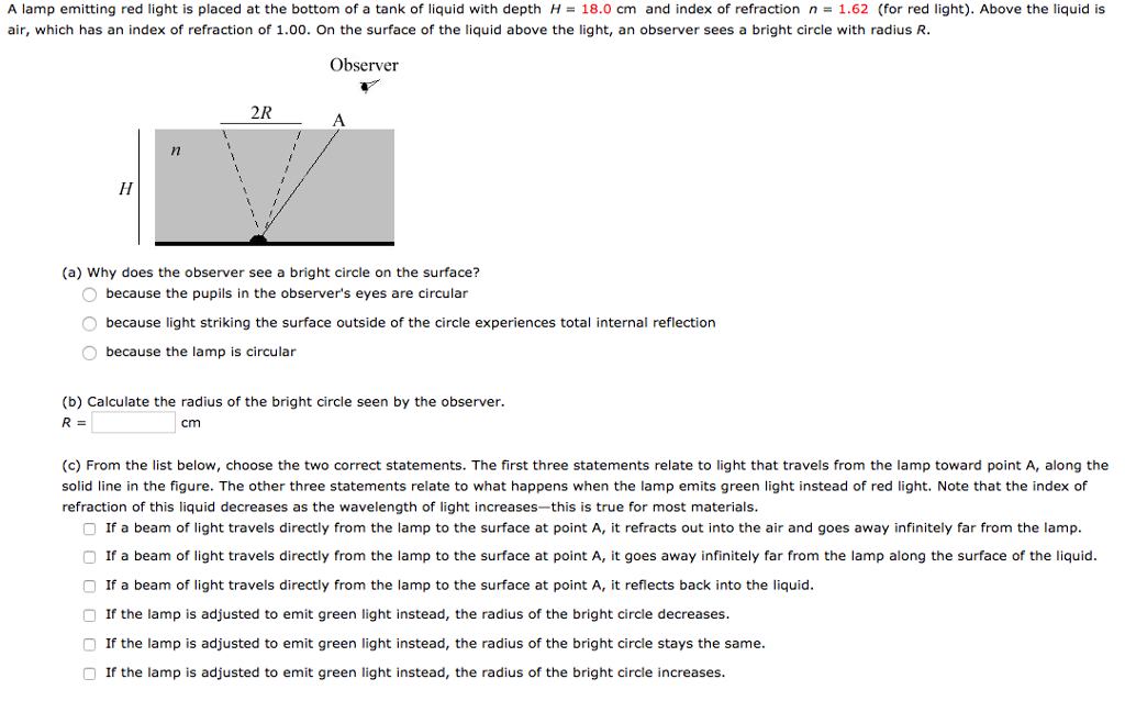Solved A lamp emitting red light is placed at the bottom of | Chegg.com