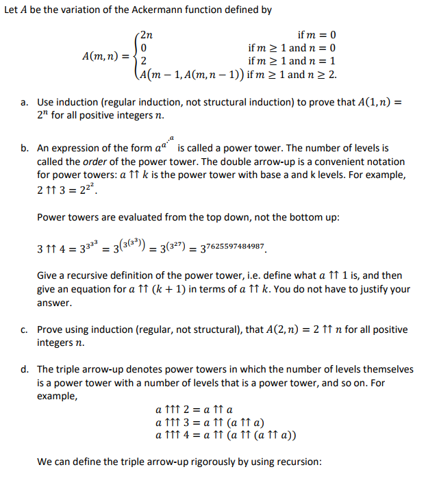 Solved Let A be the variation of the Ackermann function | Chegg.com