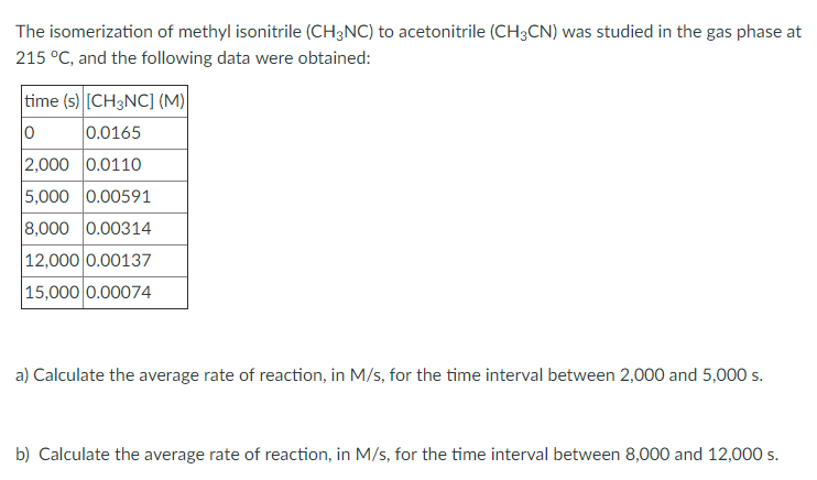Solved The isomerization of methyl isonitrile (CH3NC) to | Chegg.com