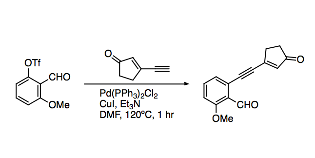 Solved C) OTf CHO Pd(PPh3)2Cl2 Cul, Et3N DMF, 120°C, 1 hr | Chegg.com