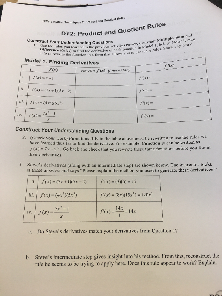 Solved Differentiation Techniques 2 : Product and Quotient | Chegg.com