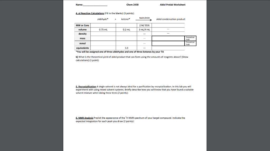Solved Chem 243B Aldol Prelab Worksheet 4 al Reaction | Chegg.com