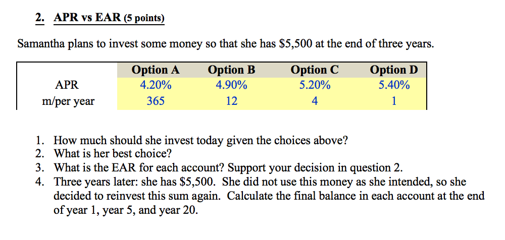 Solved 2. APR vs EAR (5 points) Samantha plans to invest | Chegg.com