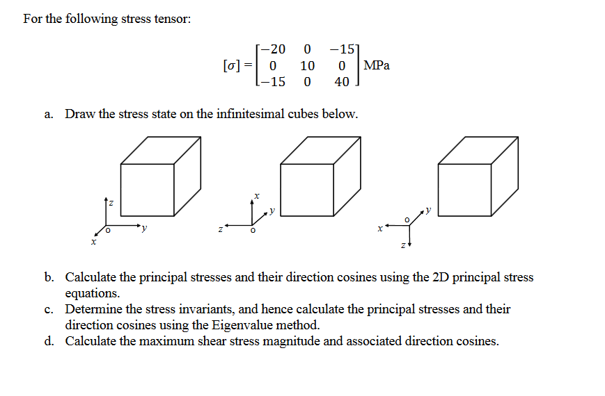 Solved For the following stress tensor: [sigma] = [-20 0 | Chegg.com