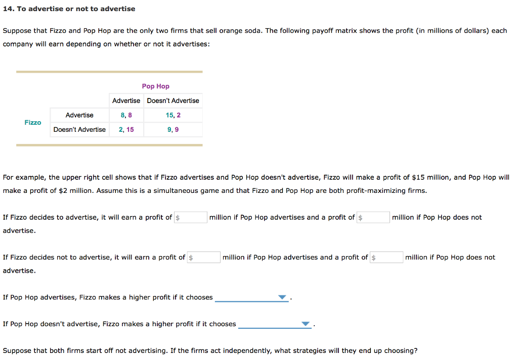 Solved 14. To advertise or not to advertise Suppose that | Chegg.com