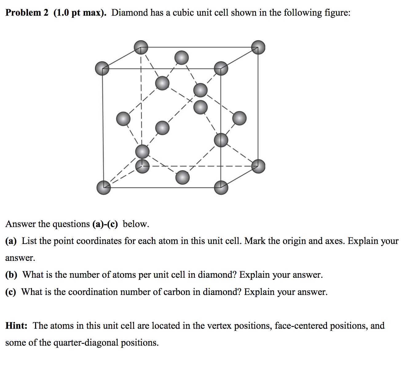 Solved Diamond has a cubic unit cell shown in the following | Chegg.com