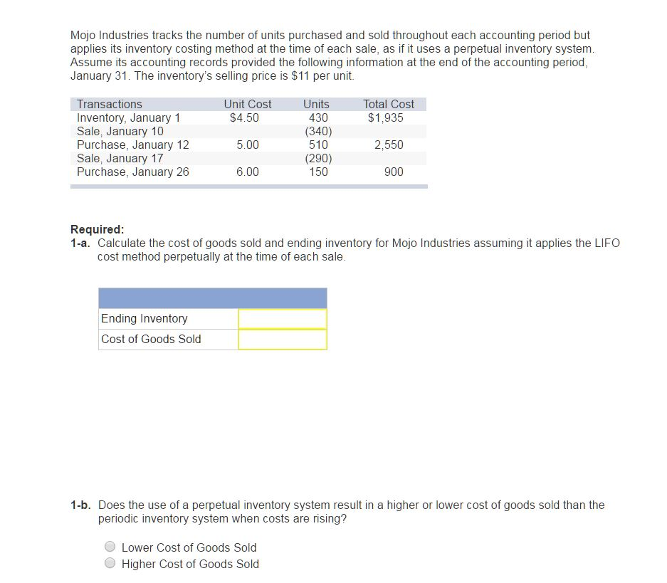 Solved Mojo Industries tracks the number of units purchased | Chegg.com