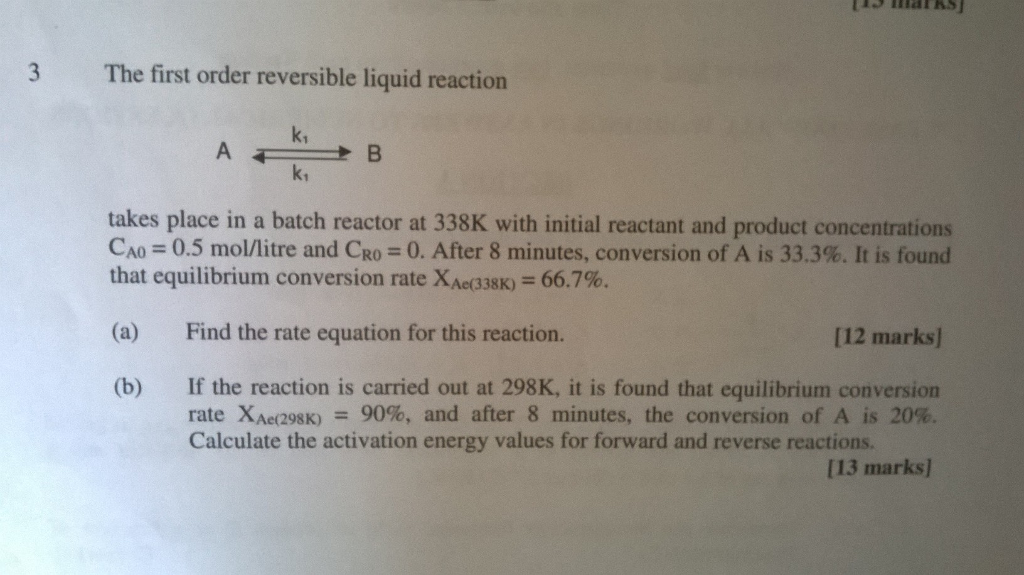 Solved The First Order Reversible Liquid Reaction Takes