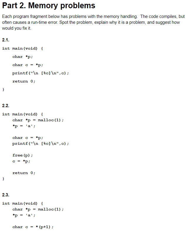 Solved Part 2. Memory problems Each program fragment below | Chegg.com