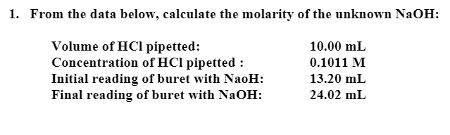 Solved 1. From the data below, calculate the molarity of the | Chegg.com