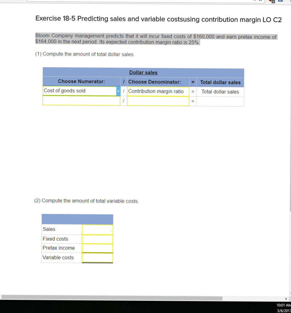 Solved Exercise 18-5 Predicting sales and variable | Chegg.com