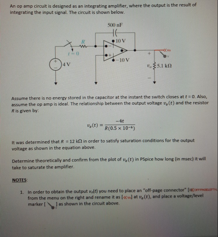 Solved An op amp circuit is designed as an integrating | Chegg.com