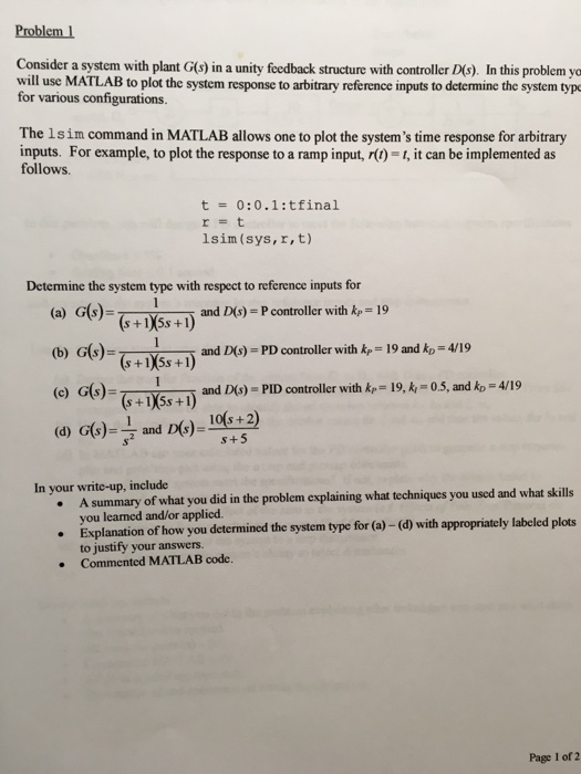 Solved Problem Consider a system with plant G(s) in a unity | Chegg.com