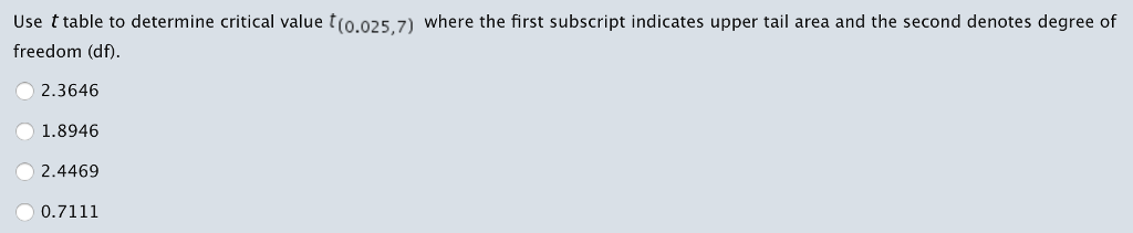 Solved Use t table to determine critical value t(0.025, 7) | Chegg.com