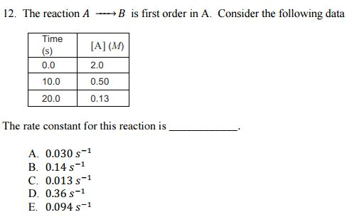 Solved The reaction A rightarrow B is first order in A. | Chegg.com