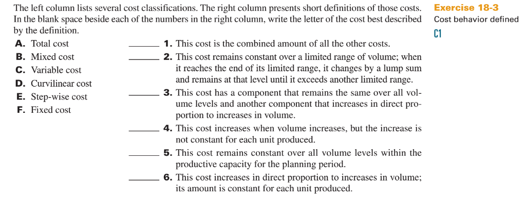 Solved The left column lists several cost classifications. | Chegg.com