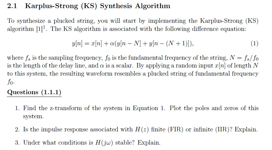 Karplus-Strong (KS) Synthesis Algorithm To | Chegg.com