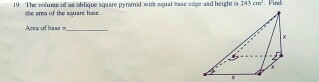 Solved the volume of an oblique square pyramid with equal | Chegg.com