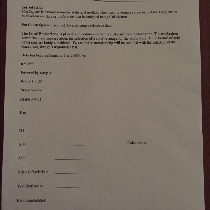 Solved Introduction Chi-Square is a non-parametric | Chegg.com
