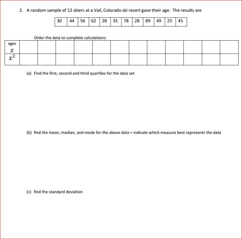 Solved A random sample of 12 skiers at a Vail, Colorado ski | Chegg.com