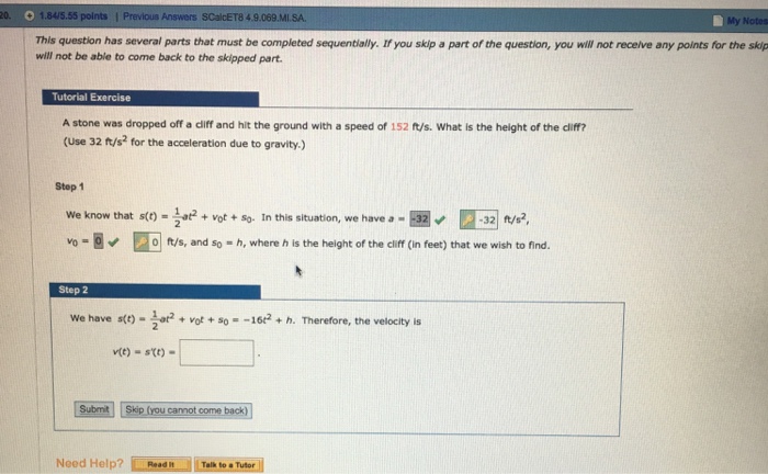 Solved A stone was dropped off a cliff and hit the ground | Chegg.com