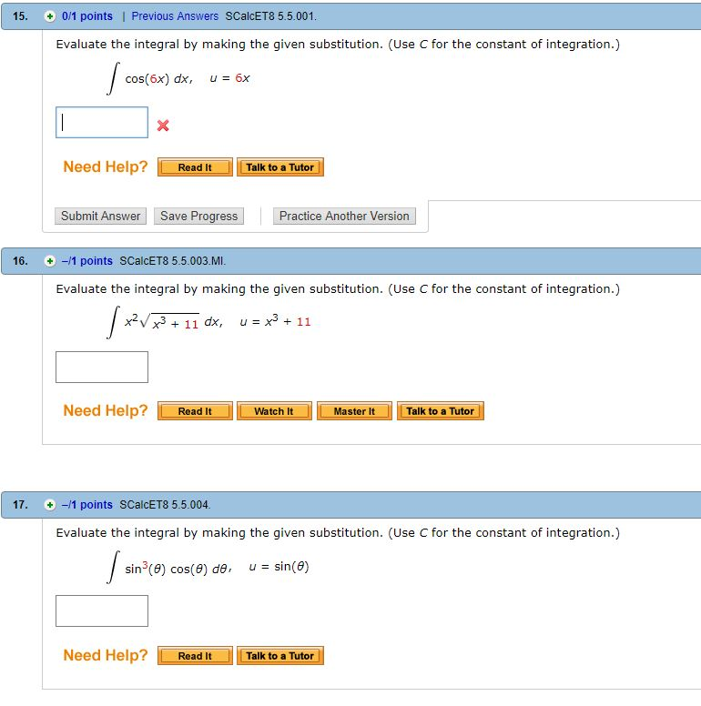 Solved 15. 0/1 points I Previous Answers SCalcET8 5.5.001 | Chegg.com
