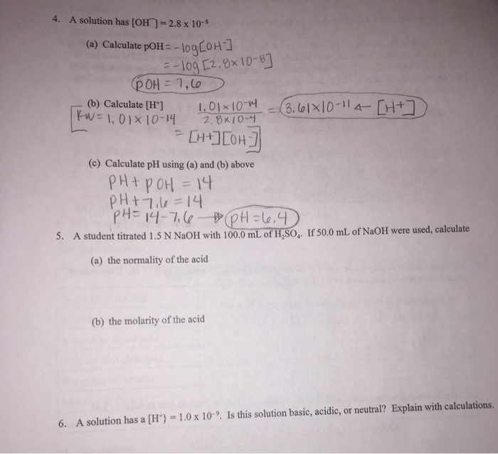 Solved Molarity, Normality, Dilution and pH #1-7 Help | Chegg.com