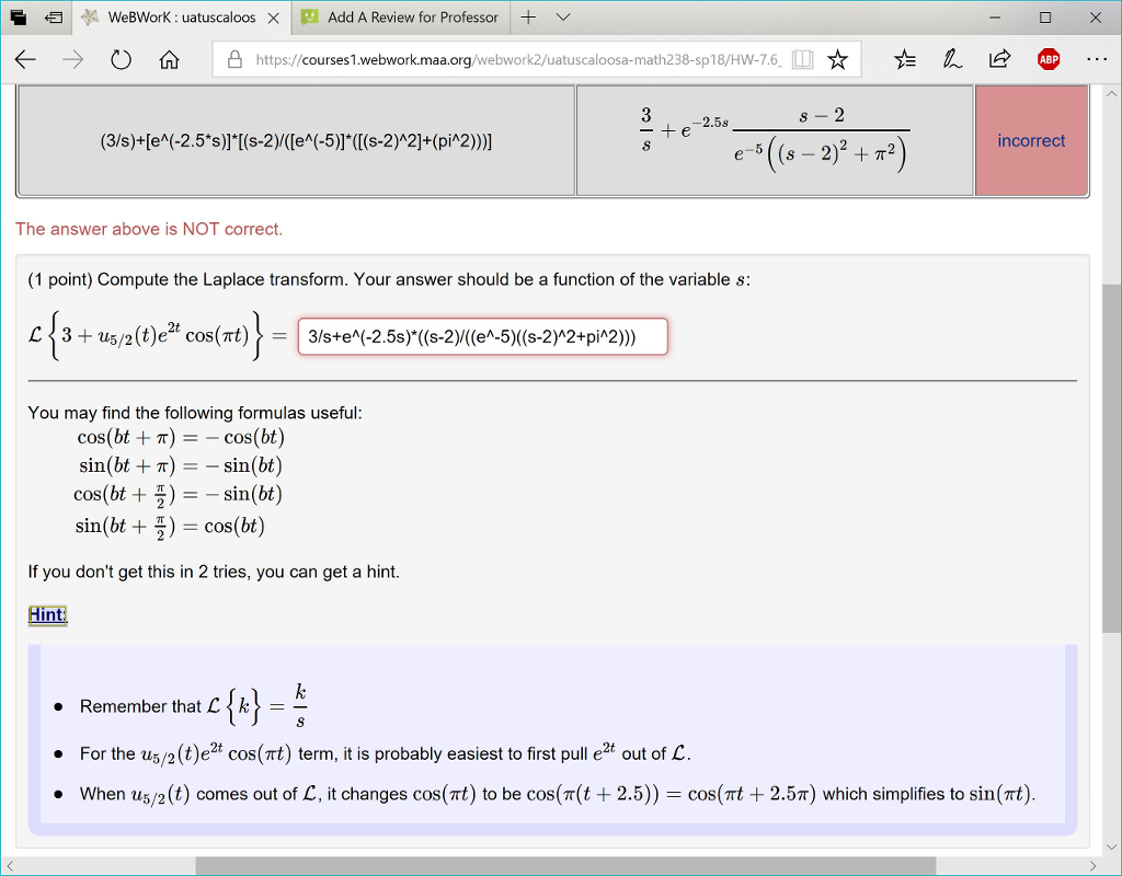 Solved € p. WeBWorK : uatuscaloos × | p Add A Review for | Chegg.com