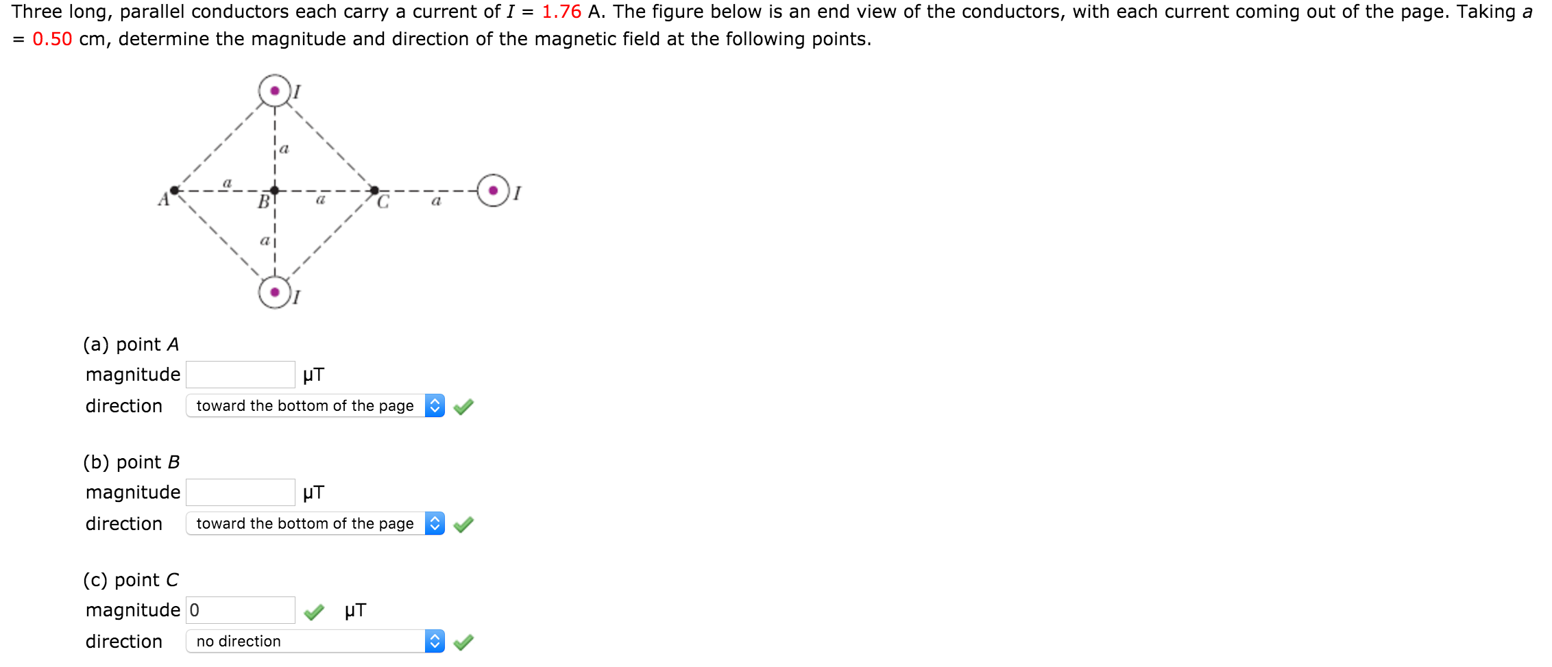 Solved Three long, parallel conductors each carry a current | Chegg.com