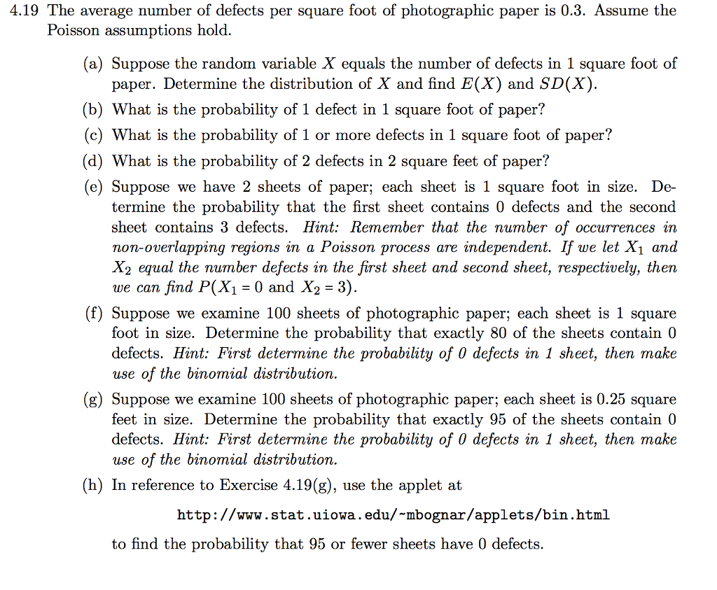 Solved 4.19 The average number of defects per square foot of | Chegg.com