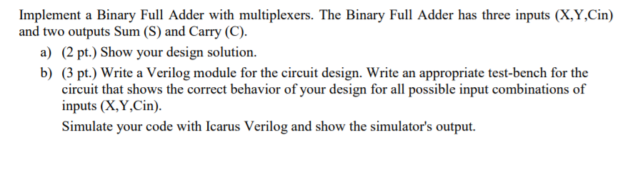 Solved Implement a Binary Full Adder with multiplexers. The | Chegg.com