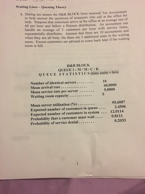 Solved Waiting Lines-Queuing Theory 1. Duri ng tax season | Chegg.com