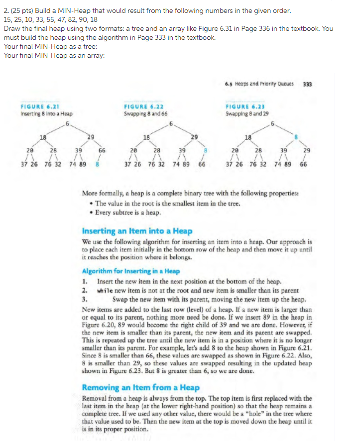 Solved 2. (25 pts) Build a MIN-Heap that would result from | Chegg.com