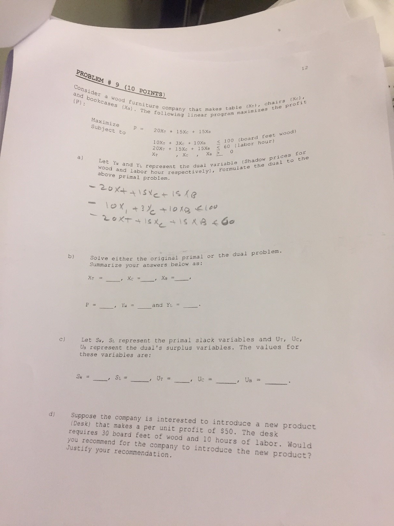 Solved 12 PROBLEM # 9 (10 POINTS) Consider a wood furniture | Chegg.com