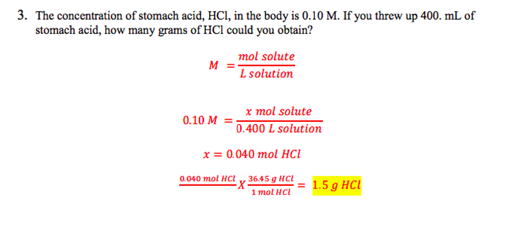Solved The concentration of stomach acid, HC1, in the body | Chegg.com