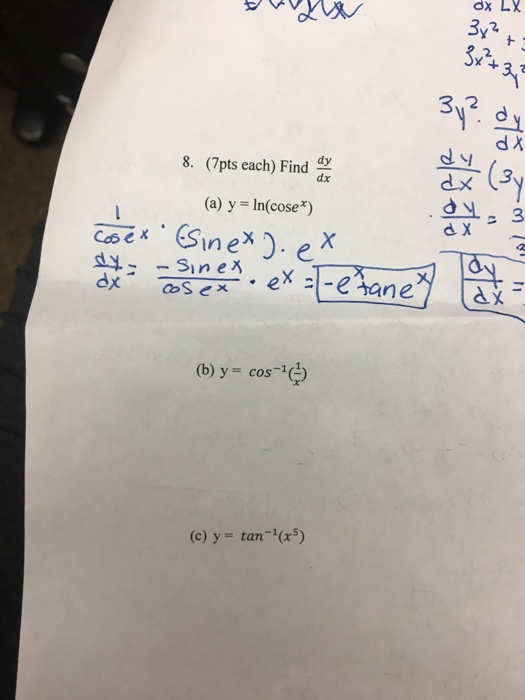Solved Find dy/dx y = ln(cose^x) y = cos^-1(1/x) y = | Chegg.com