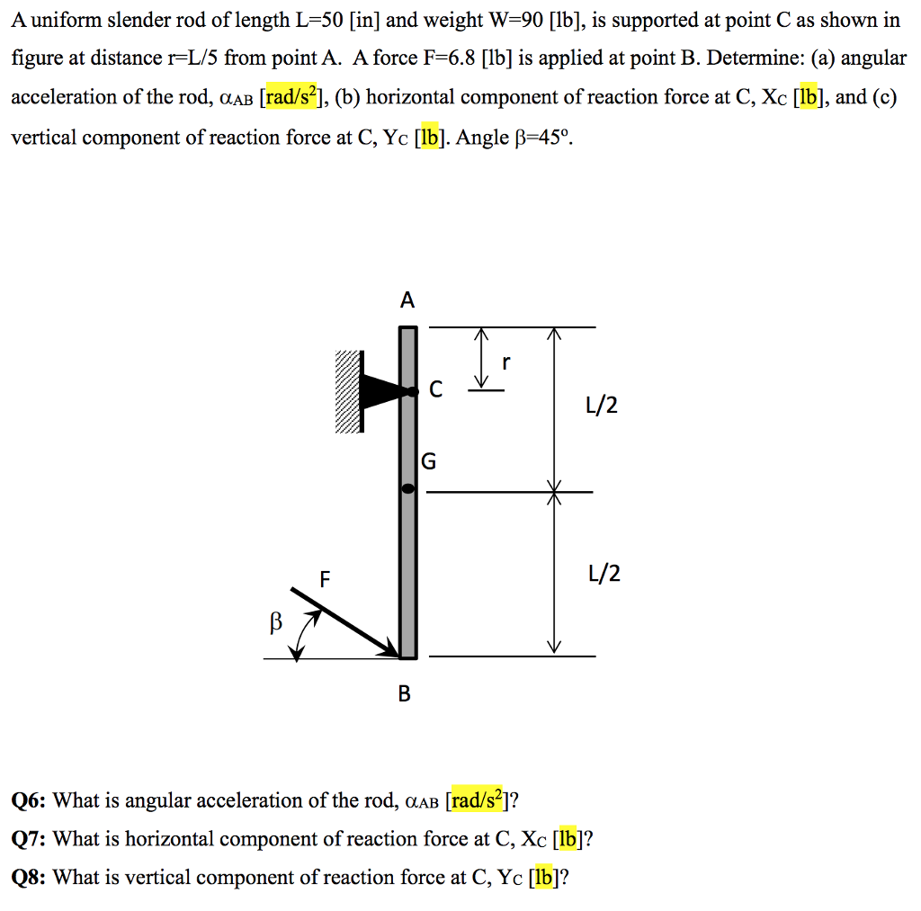 Solved A uniform slender rod of length L-50 [in] and weight | Chegg.com